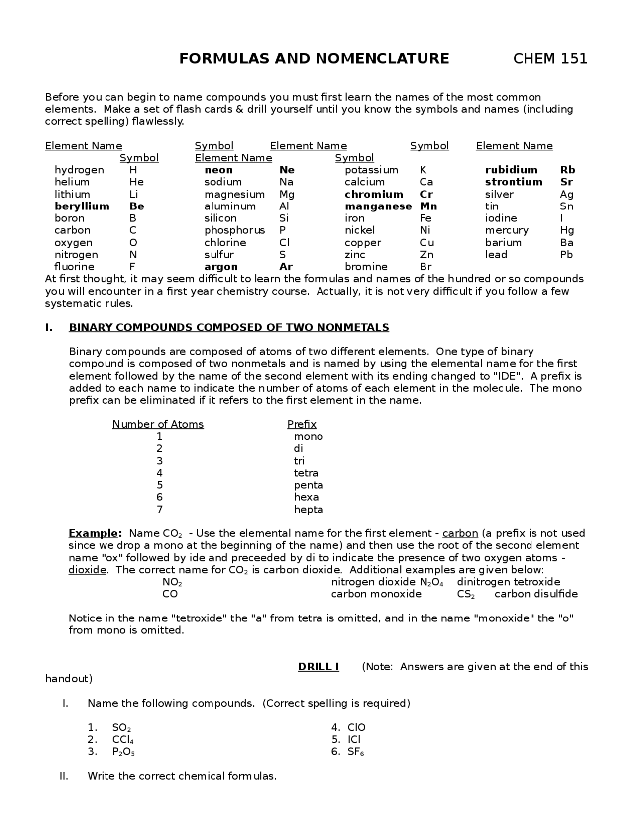 Lecture Notes On Formulas And Nomenclature Chem 151 Docsity