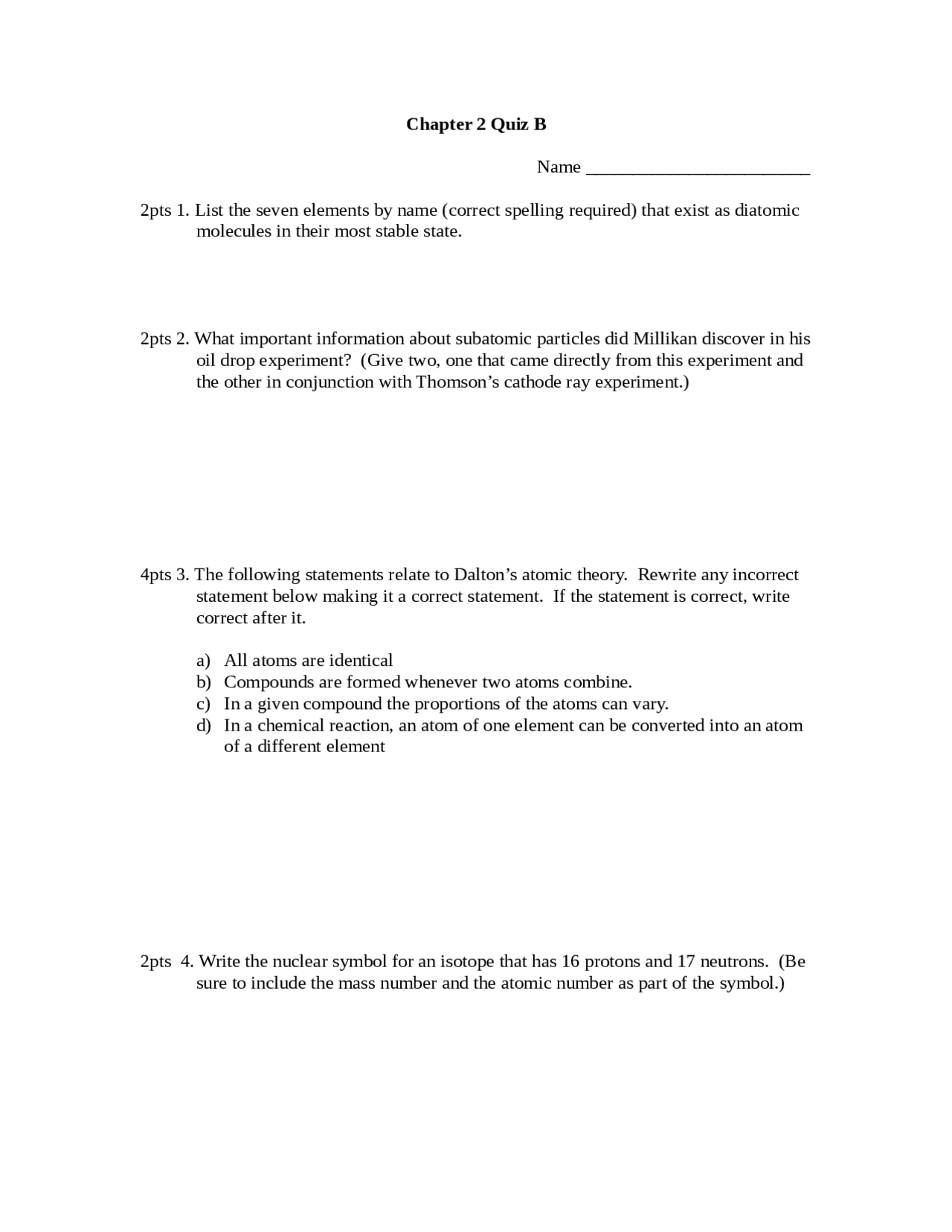 Dalton's Atomic Theory - Class Quiz B | CHEM 151 - Docsity