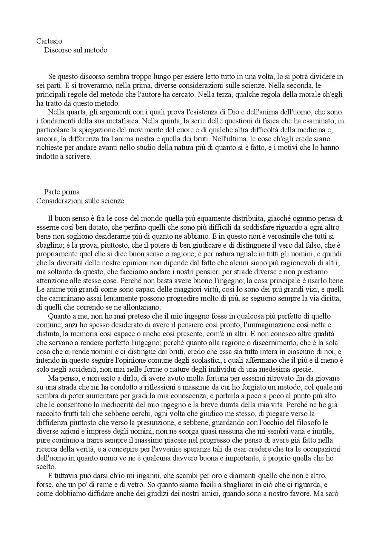 Riassunto Del Discorso Sul Metodo Di Cartesio Docsity