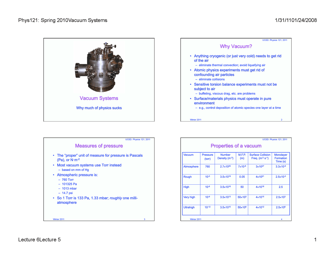 Experimental Techniques Lecture 06 Vacuum Winter 2011 Physics Docsity