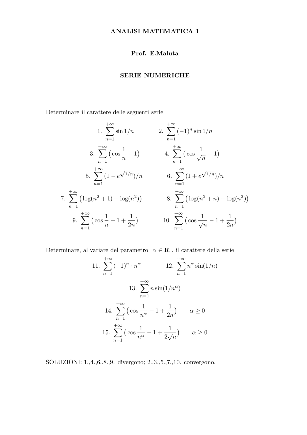 Serie Numeriche Esercizi Docsity