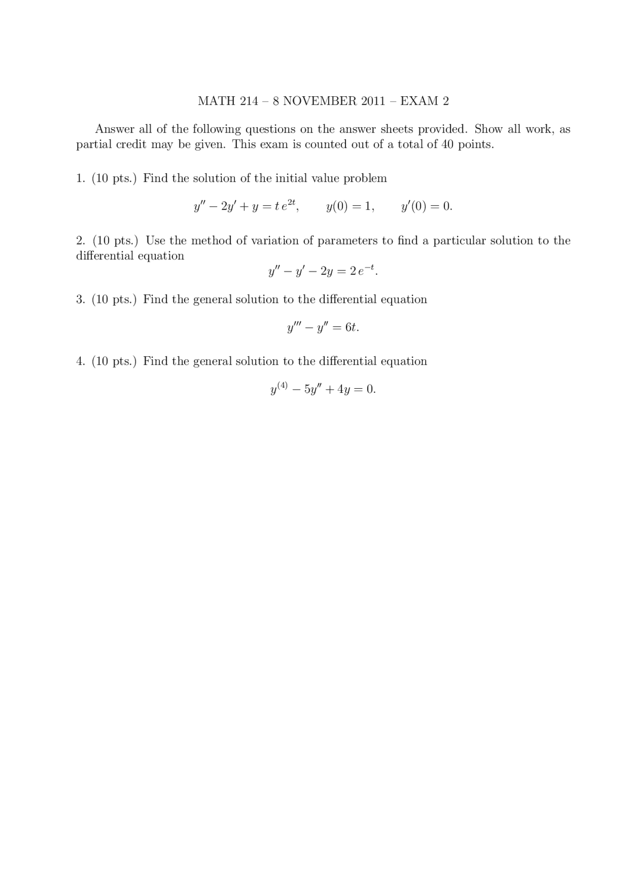 Exam 2 Unsolved Questions Elementary Differential Equations Math