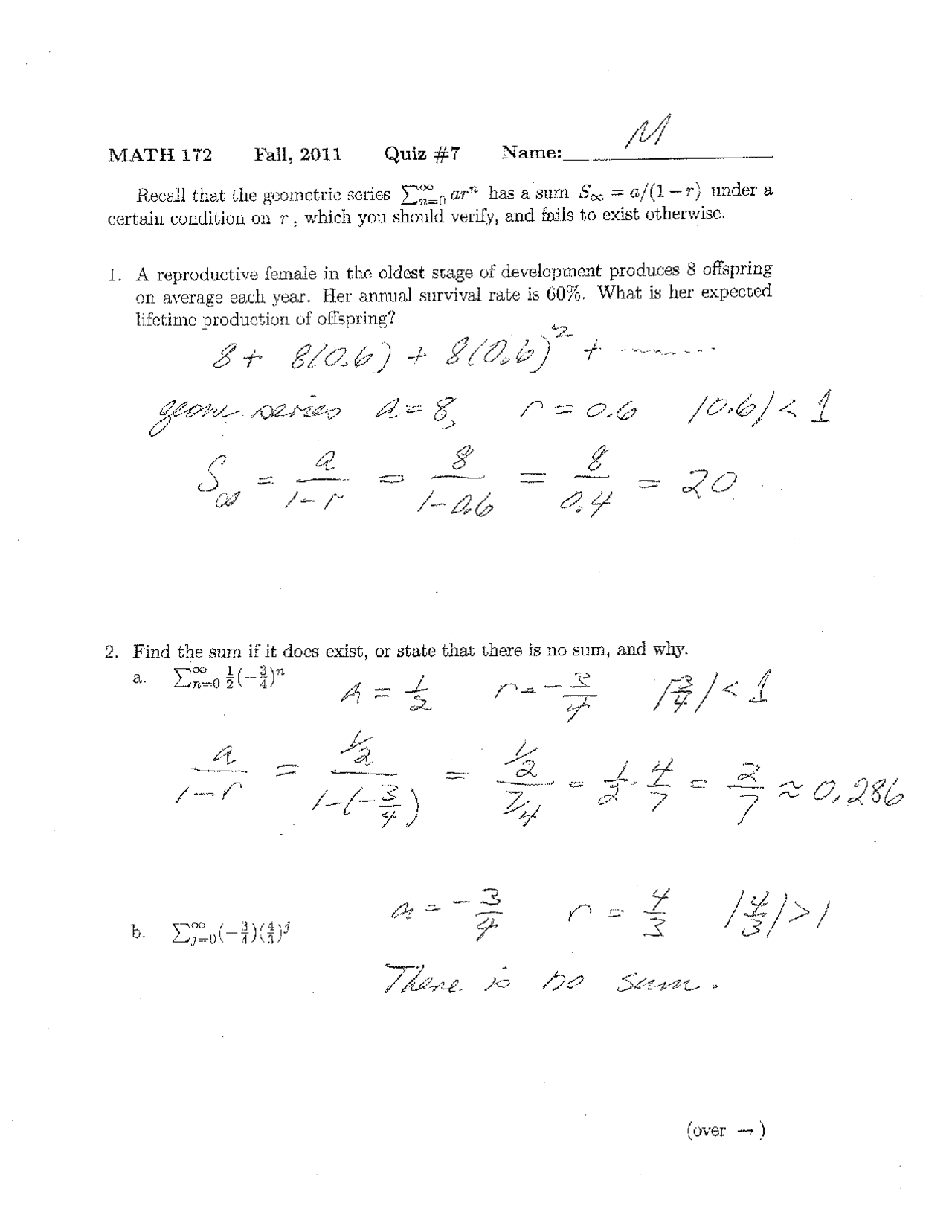 Math Modeling Life Science Solved Quiz 7 Math 172 Docsity