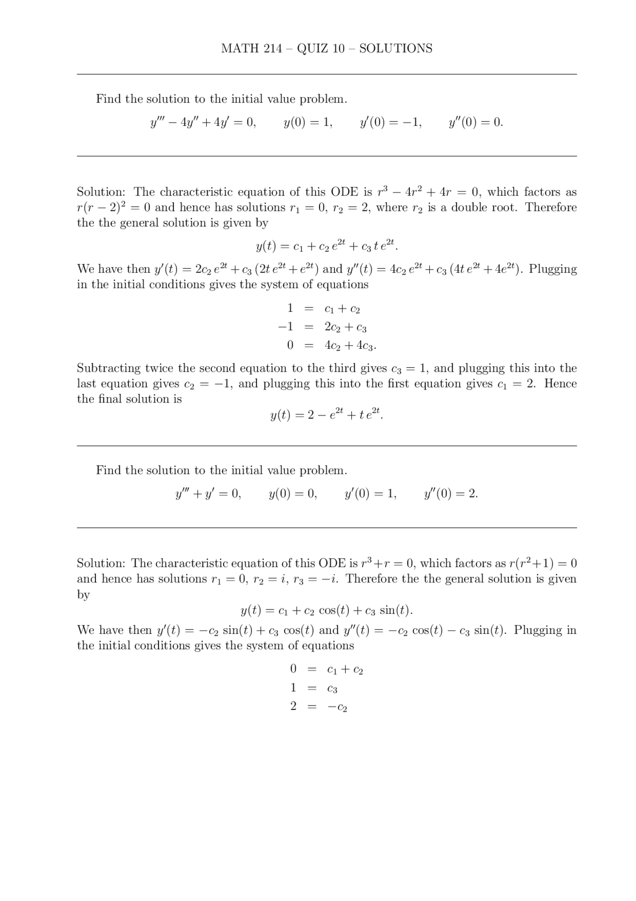 Quiz 10 With Solutions For Elementary Differential Equations Math 214
