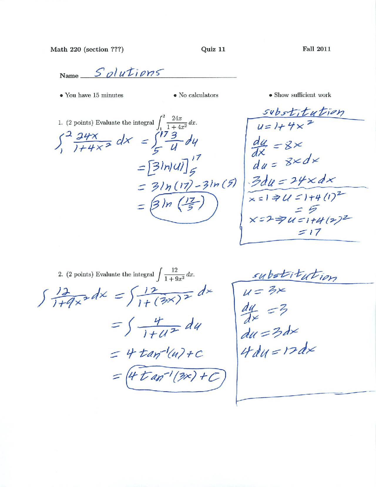 Quiz 11 With Solutions For Calculus Math 220 Docsity