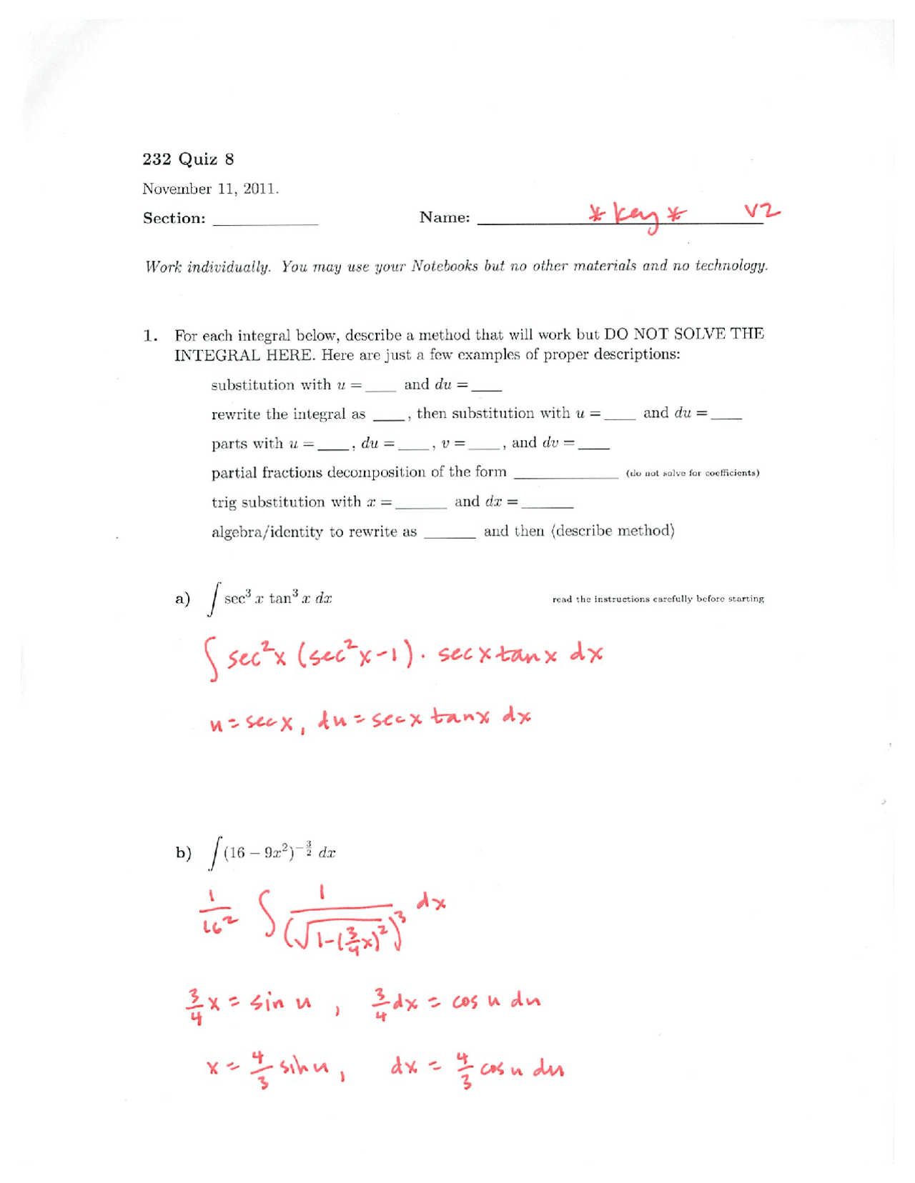 Solved Trigonometric Substitutions Quiz 8 Math 232 Docsity