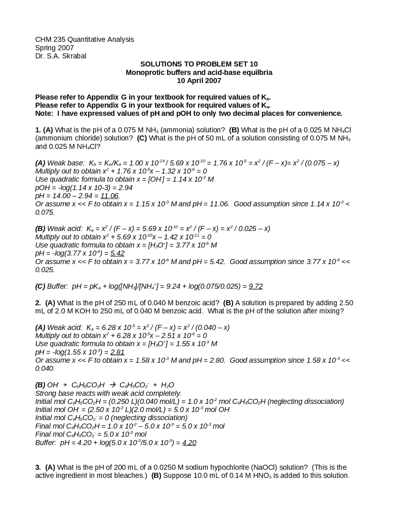 Solutions To Problem Set 10 Monocratic Buffers And Acid Base
