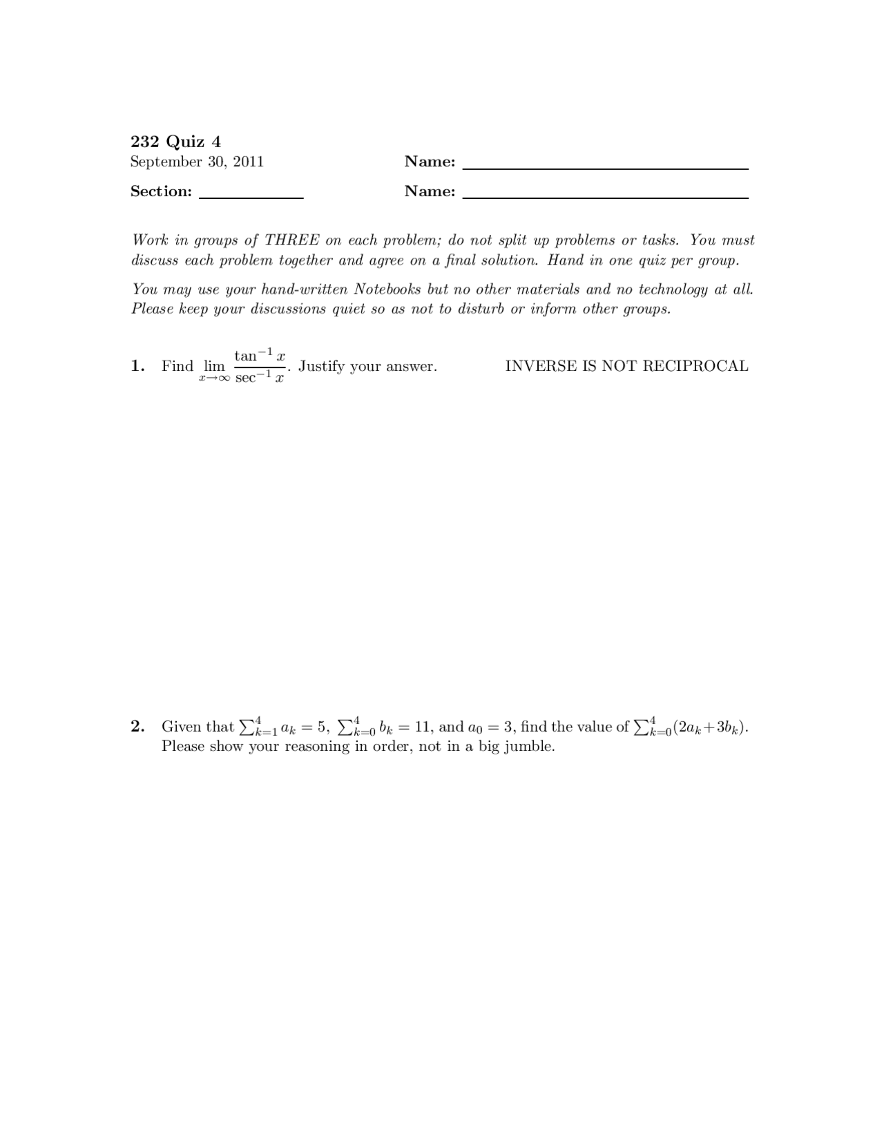 2 Questions To Solve The Limits Of Function Quiz Math 232 Docsity