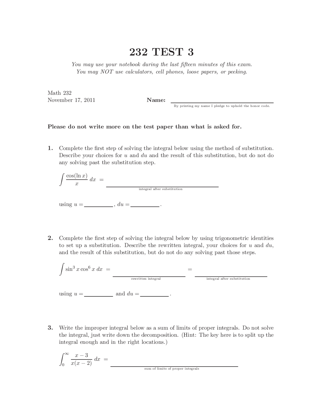 7 Solved Problems on Methods of Substitution - Test 3 | MATH 232 - Docsity