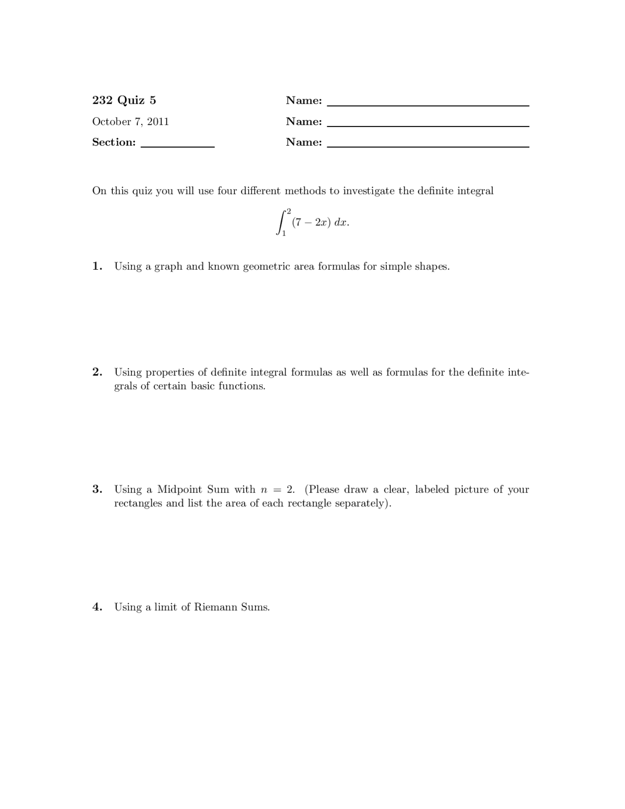 Using Limit of Riemann Sums - Quiz 5 | MATH 232 - Docsity