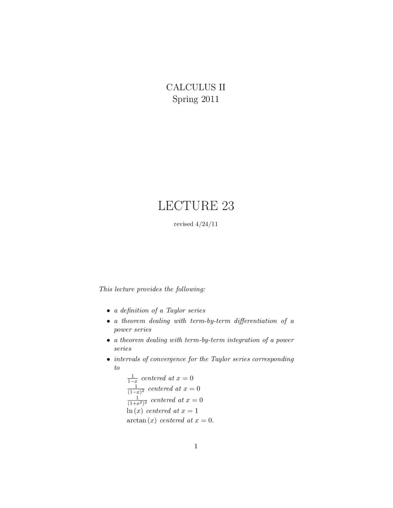 Taylor Series Theorem Lecture Notes Math 1020 Docsity