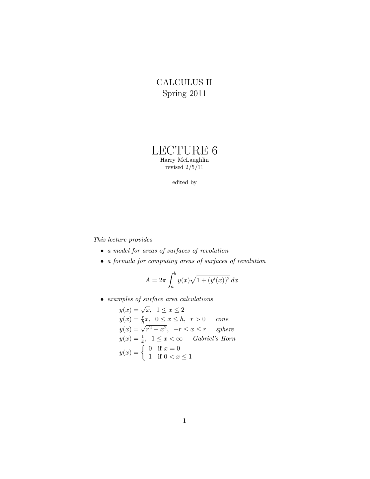 Lecture Notes For Areas Of Surfaces Math 1020 Docsity