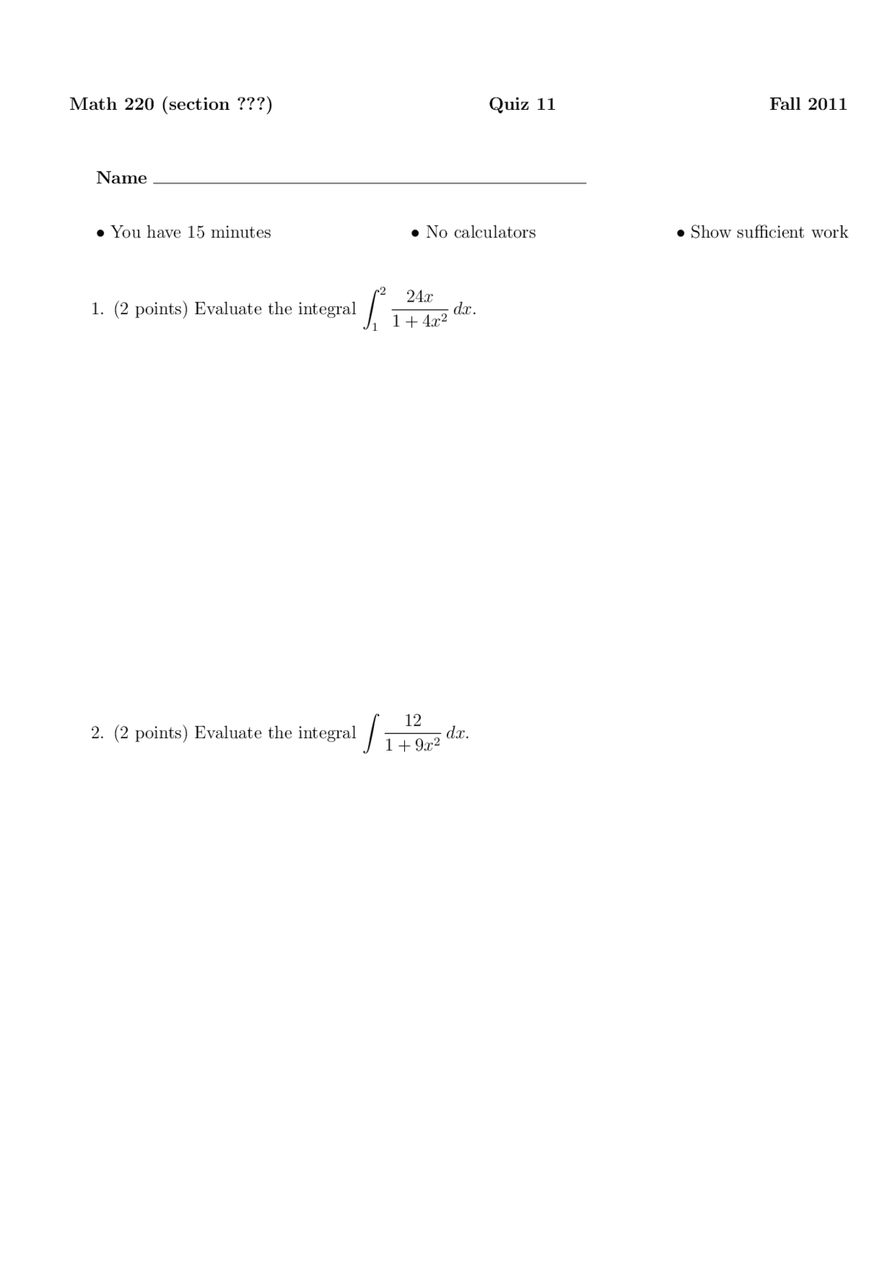 4 Practice Questions for Calculus - Quiz 11 | MATH 220 | Quizzes Calculus | Docsity