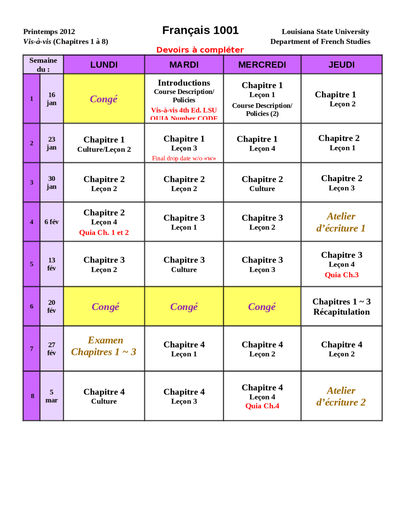 Class Schedule Elementary French Fren 1001 Docsity