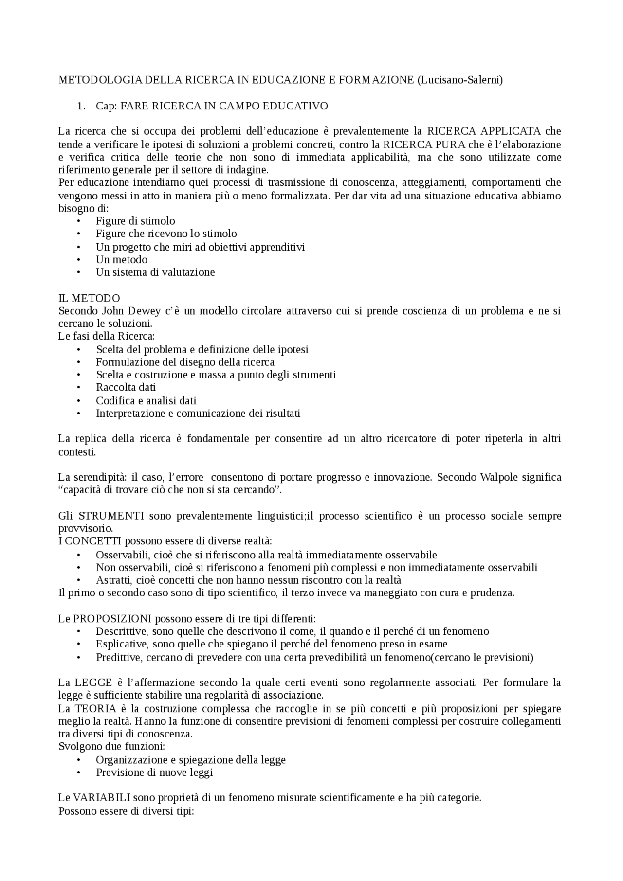 Metodologia Della Ricerca In Educazione E Formazione Riassunto Prime