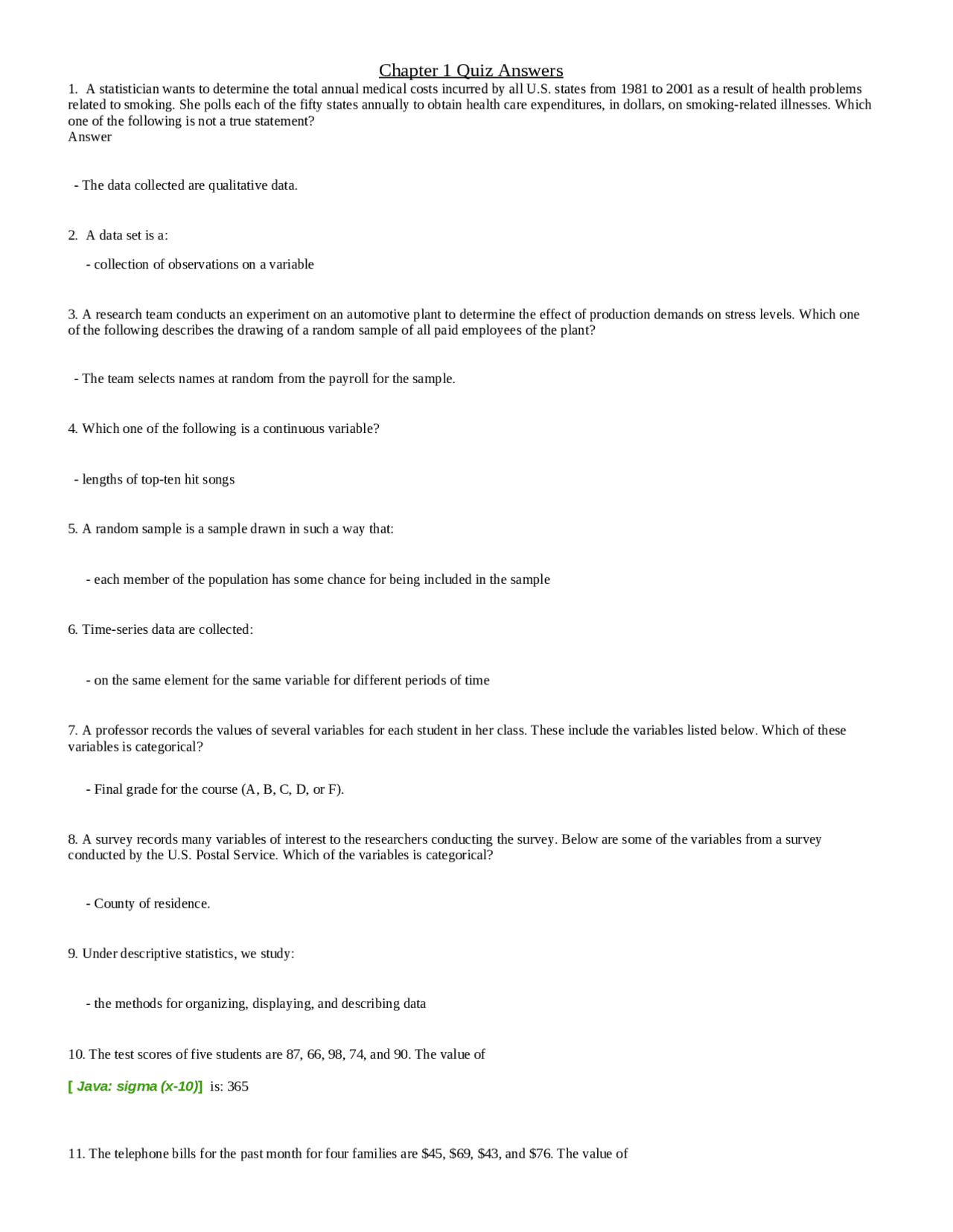 Statistics With Applications Chapter 1 Quiz Answers Sta 120