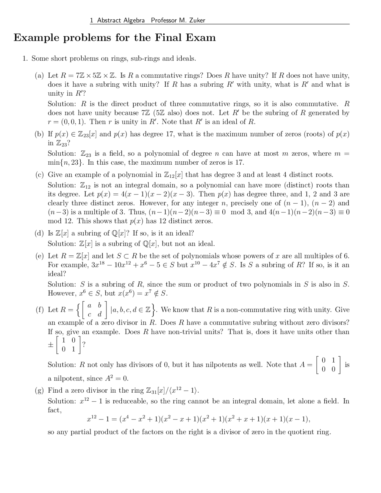 Example Problems For Final Exam Abstract Algebra Math 4010 Docsity