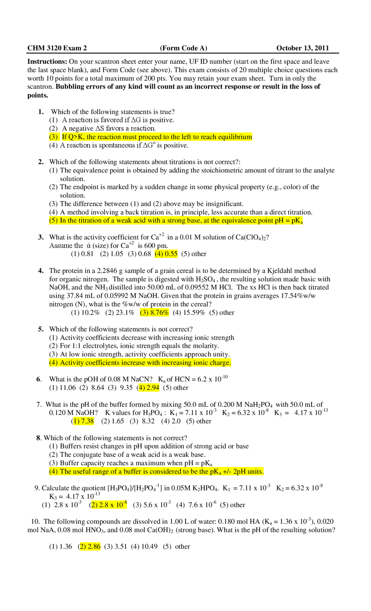 Introduction To Analytic Chemistry Exam 2 With Solution Chm 3120