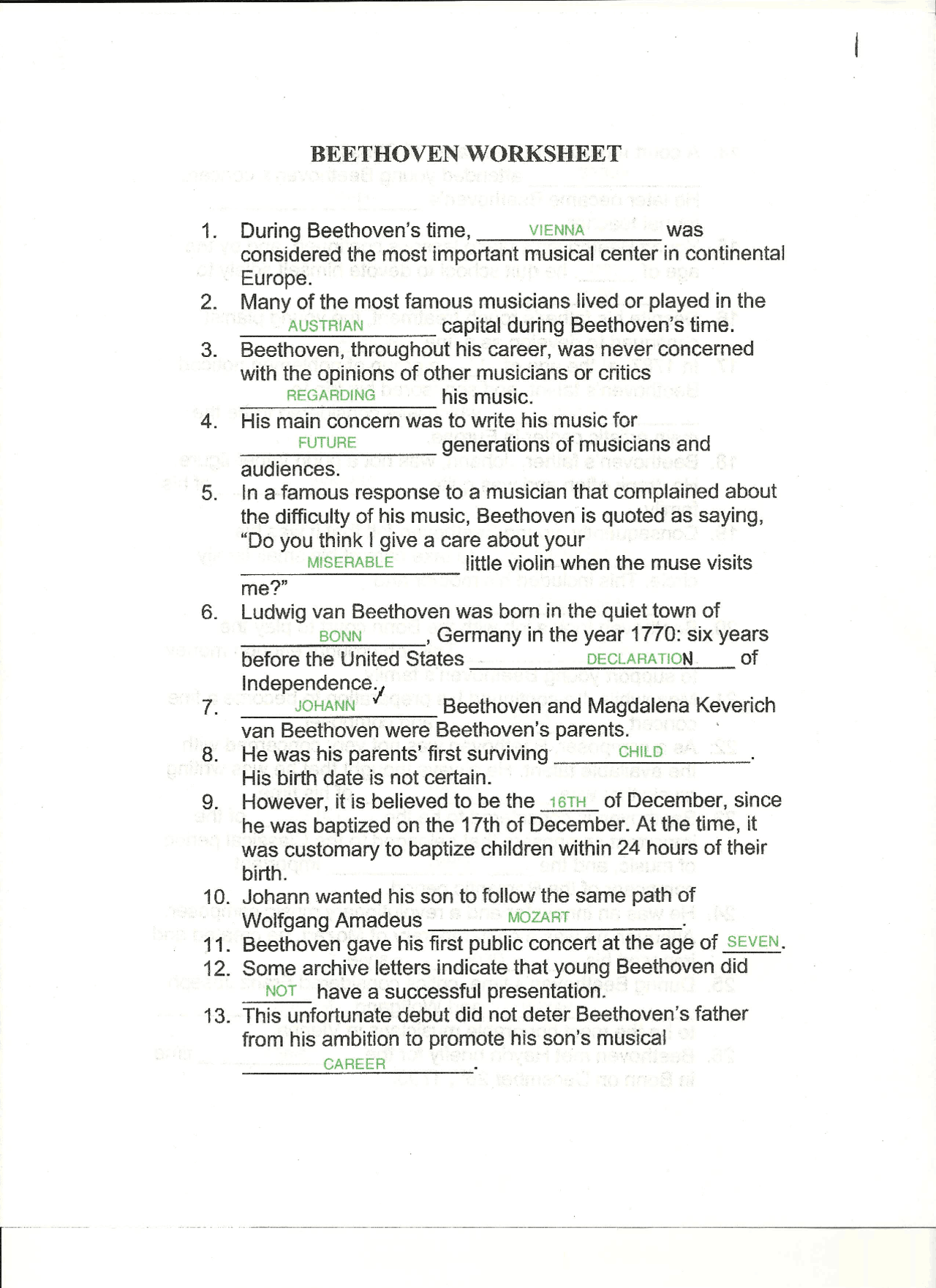 Beethoven Worksheet Answers for Music Appreciation | MUH 1011 - Docsity