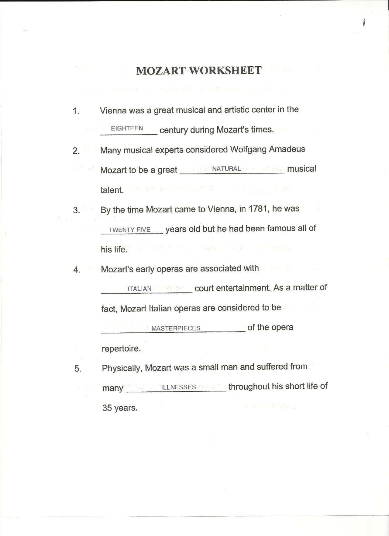 Mozart Worksheet with Answers | Music Appreciation | MUH 1011 - Docsity