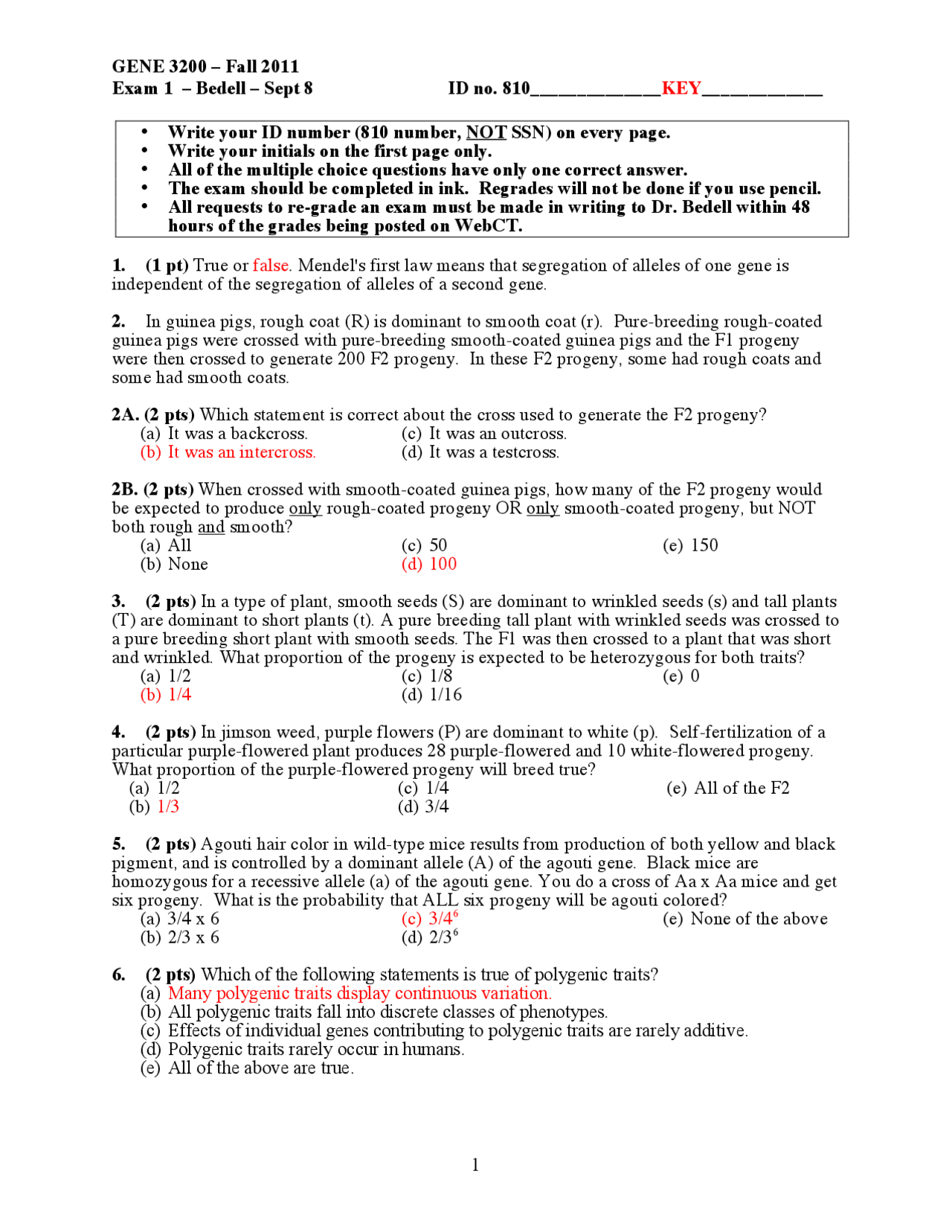 Answer Key For Exam 1 Genetics Gene 3200 Docsity