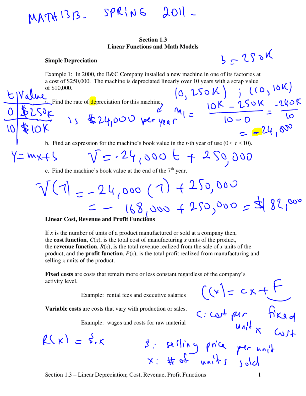 3 Examples With Solution Of Linear Functions And Finite Math Math 1313 Docsity