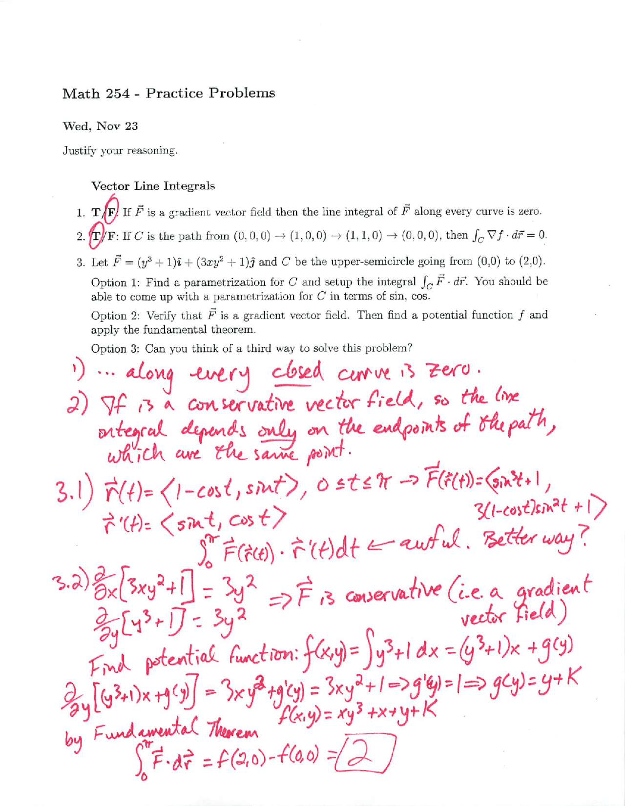 Vector Line Integrals Solved Problems Mth 254 Docsity