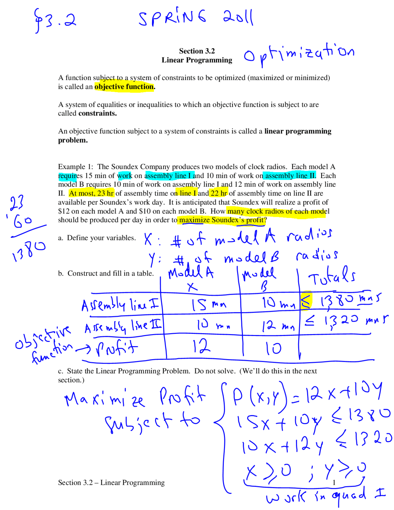 Linear Programming Finite Math With Applications Notes Math 1313