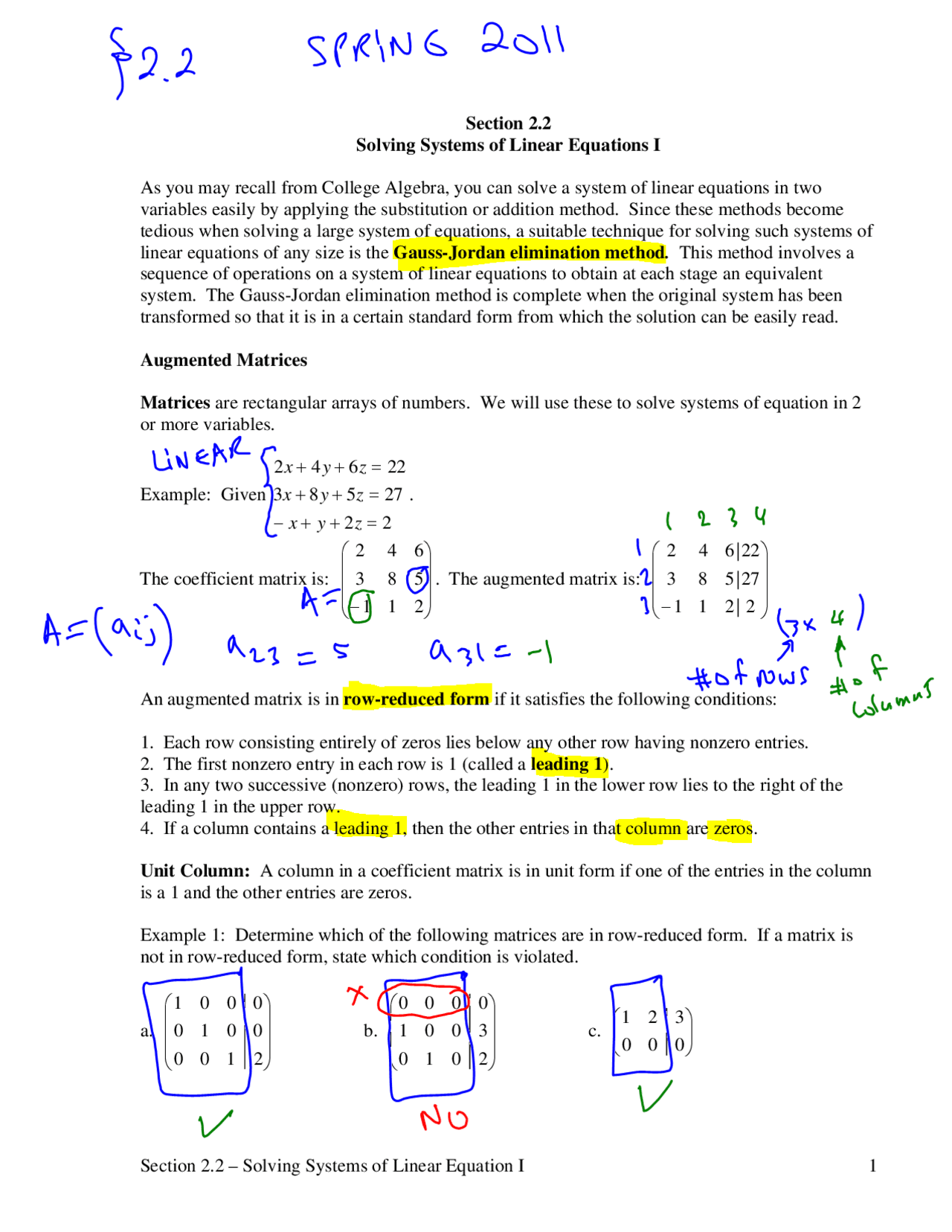 Solving Systems of Linear Equations 1 - Solved Examples | MATH 1313 - Docsity