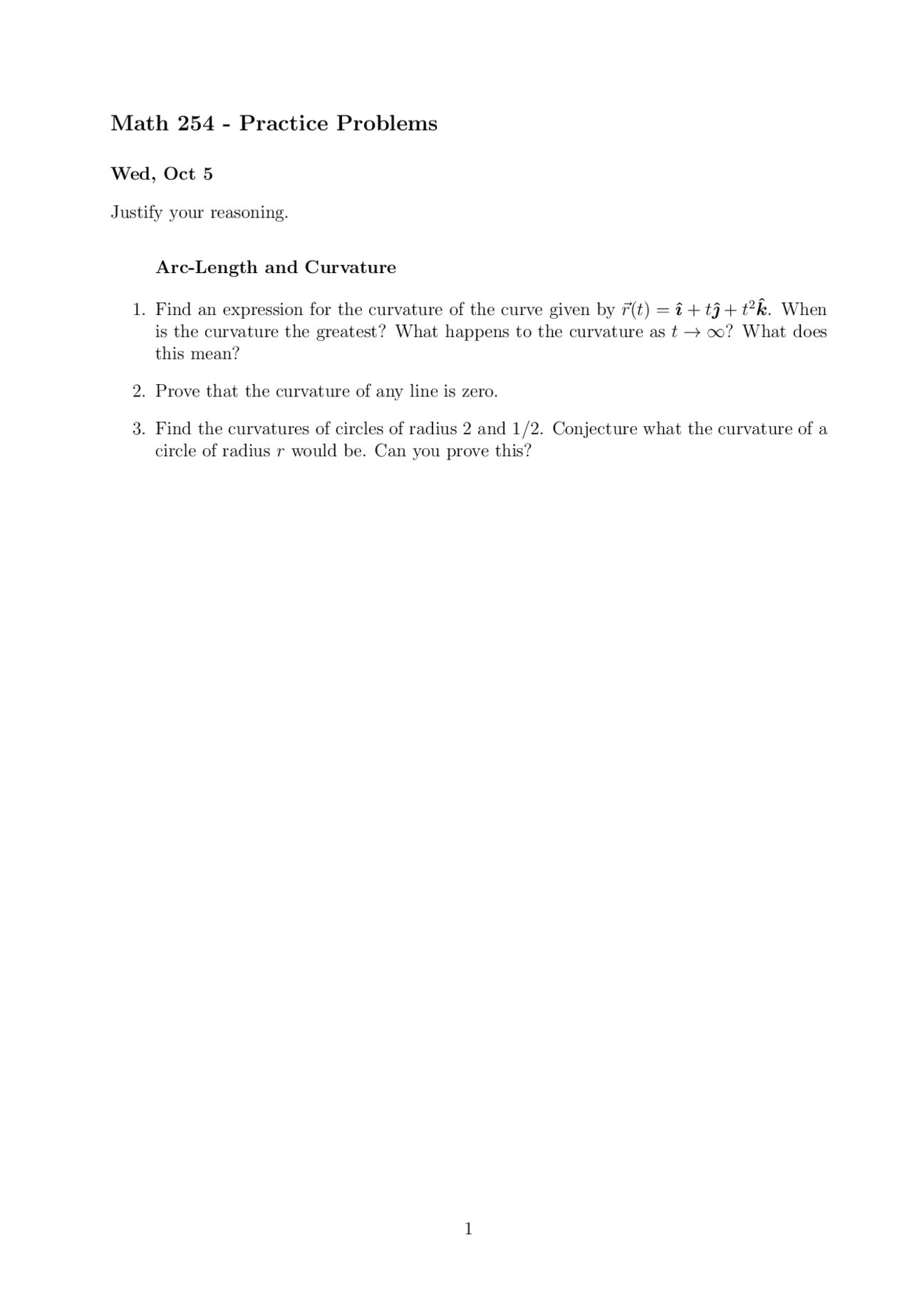 Practice Problems On Arc Length And Curvature Calculus Iv Mth 254