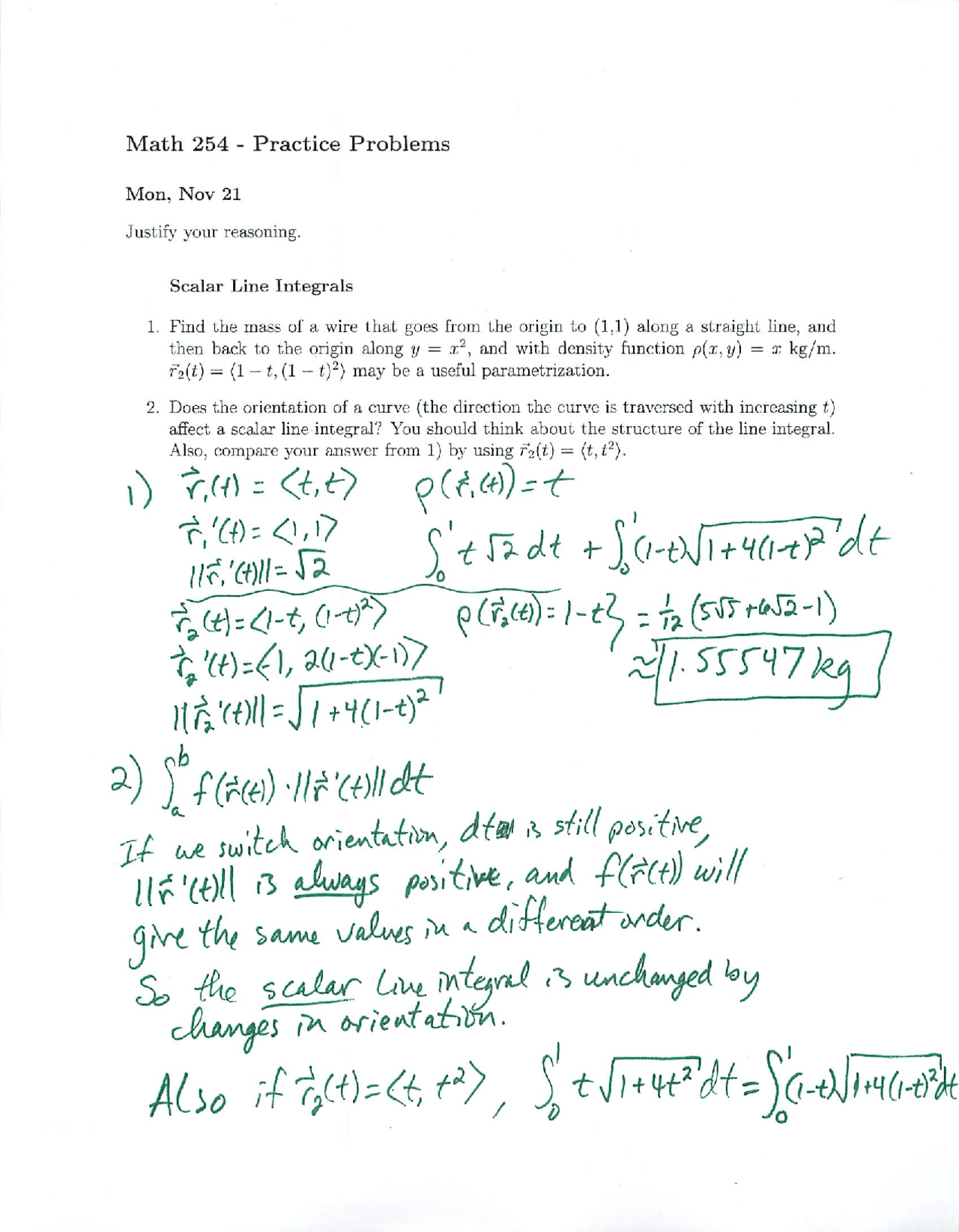 Scalar And Line Integrals Solved Questions Mth 254 Docsity