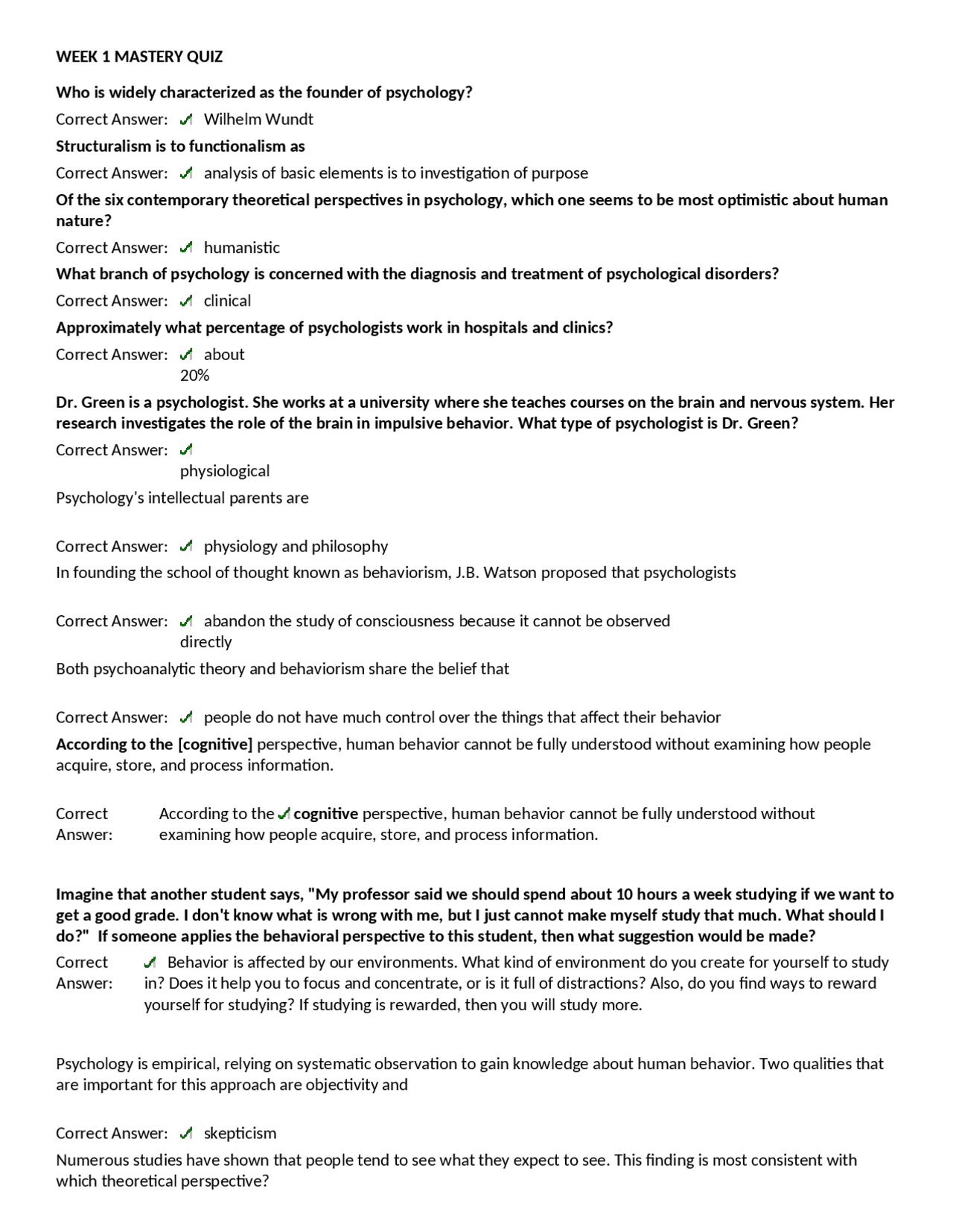 Solutions for Quiz 1 - General Psychology | PSYC 101 - Docsity
