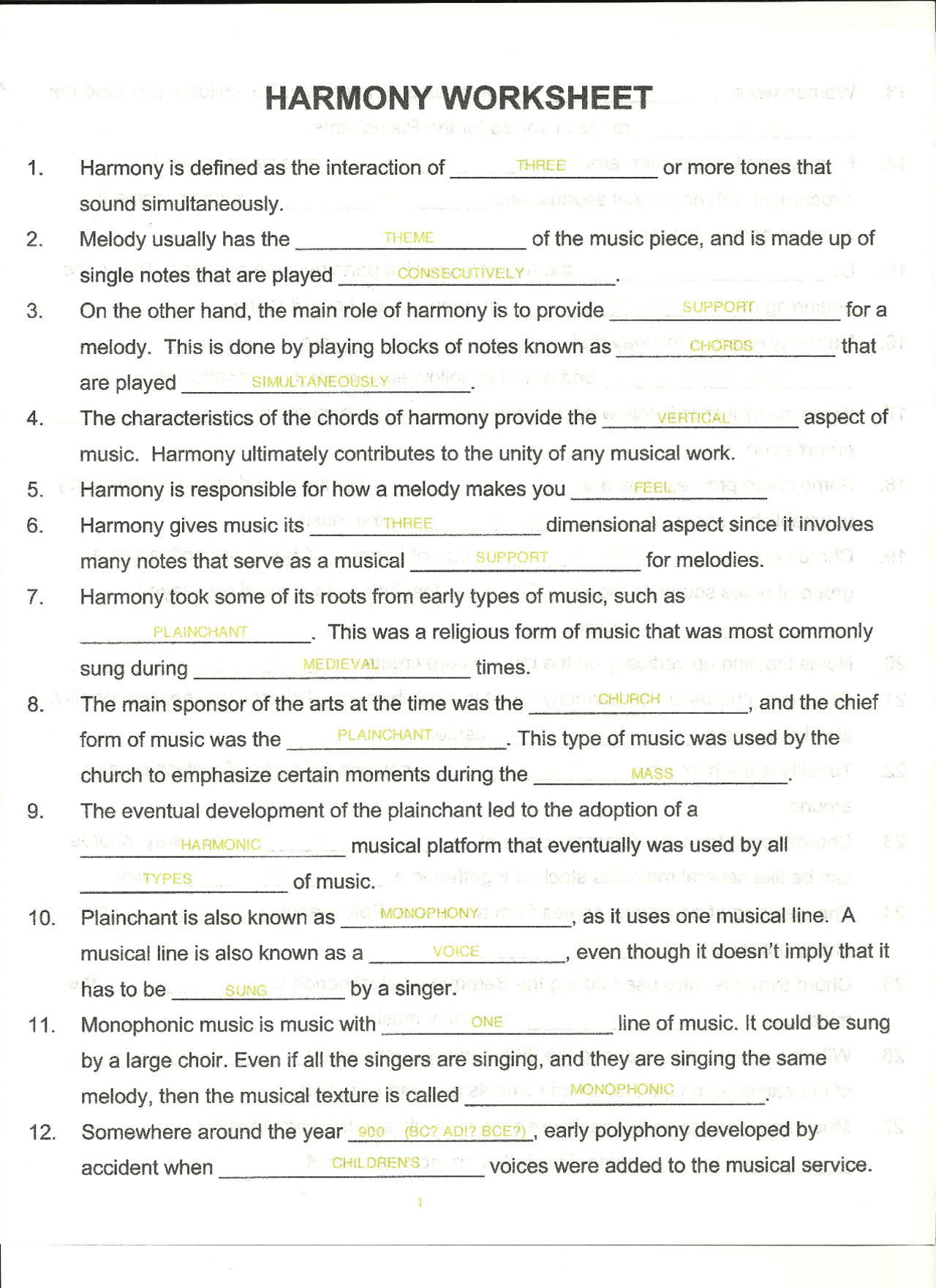 Harmony Worksheet Answers - Music Appreciation | MUH 1011 | Study notes ...