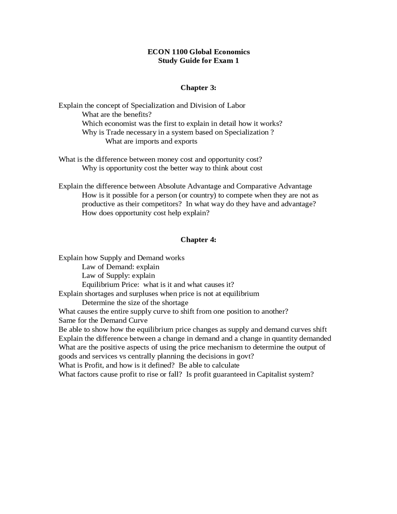 Study Guide for Exam 1 on Global Economics | ECON 1100 - Docsity