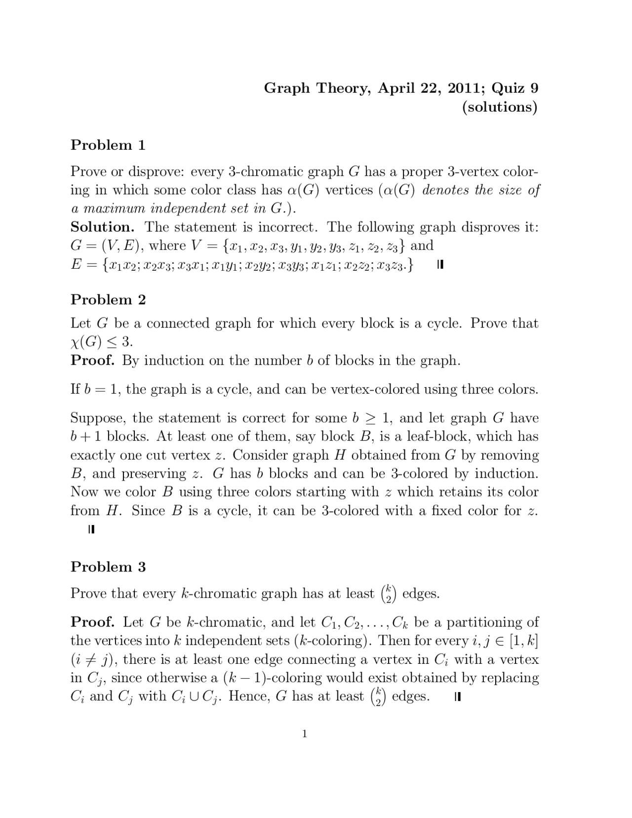 Solutions To Quiz 9 Graph Theory Math 4150 Docsity
