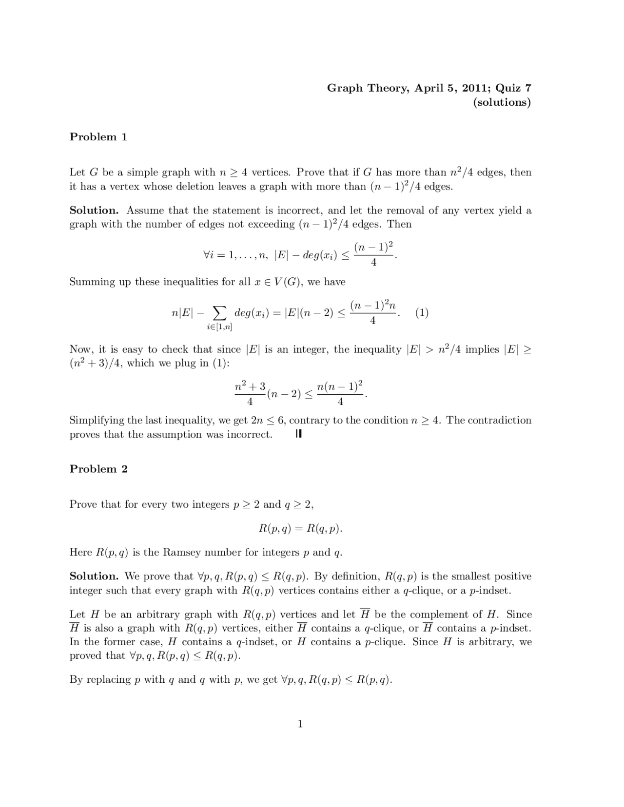 Sample Quiz 7 With Solutions On Graph Theory Math 4150 Docsity