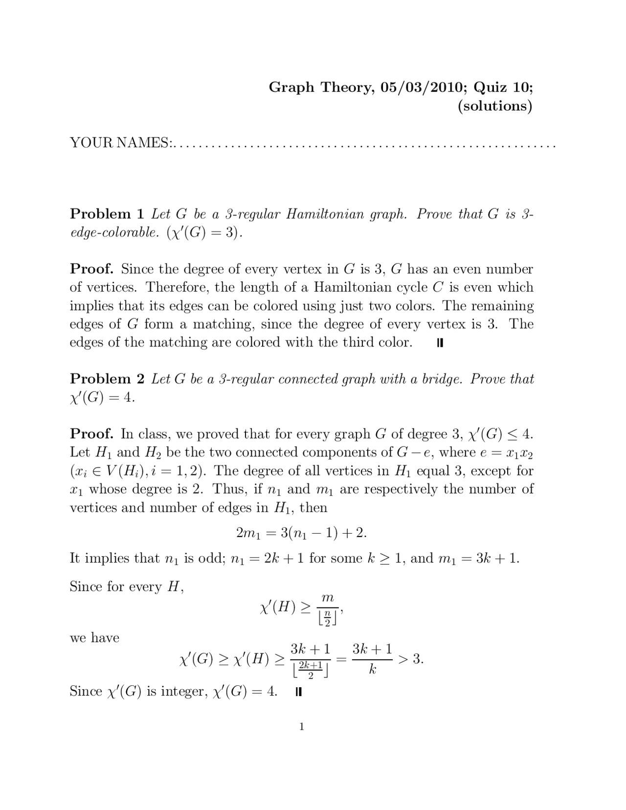Graph Theory - Quiz 10 with Solutions | MATH 4150 - Docsity