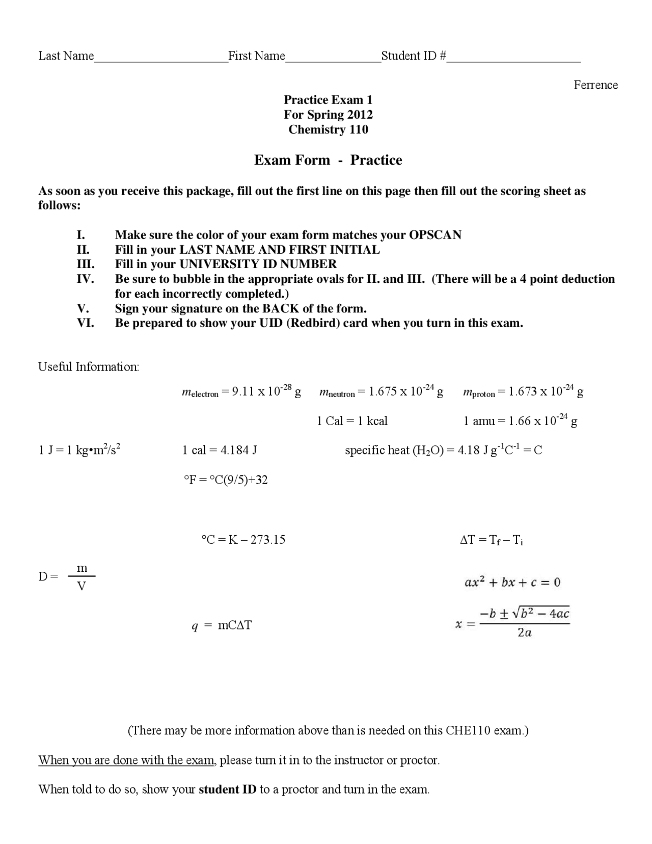 25 Questions On Practice Exam 1 Fundamentals Of Chemistry Che 110