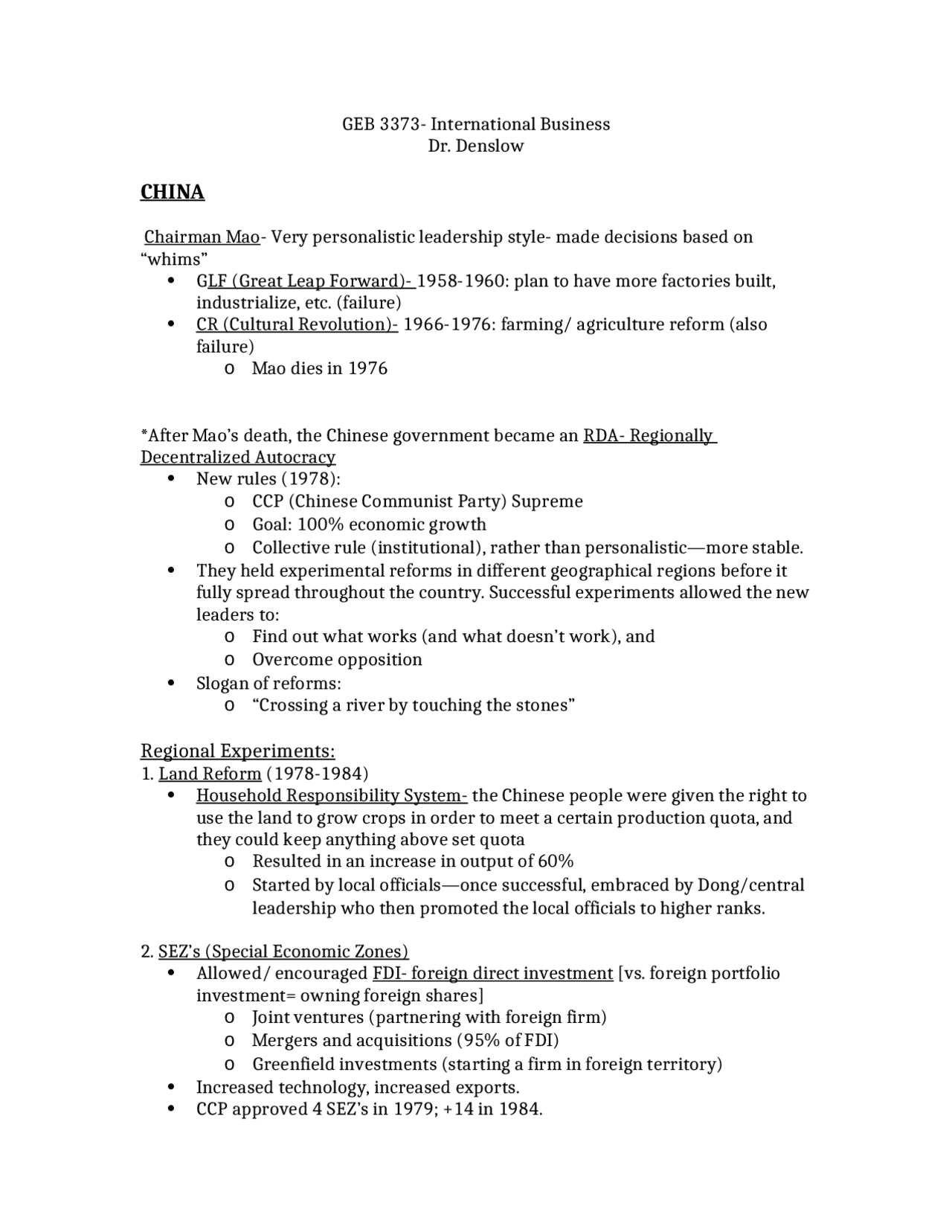 China - International Business - Handout | GEB 3373 - Docsity