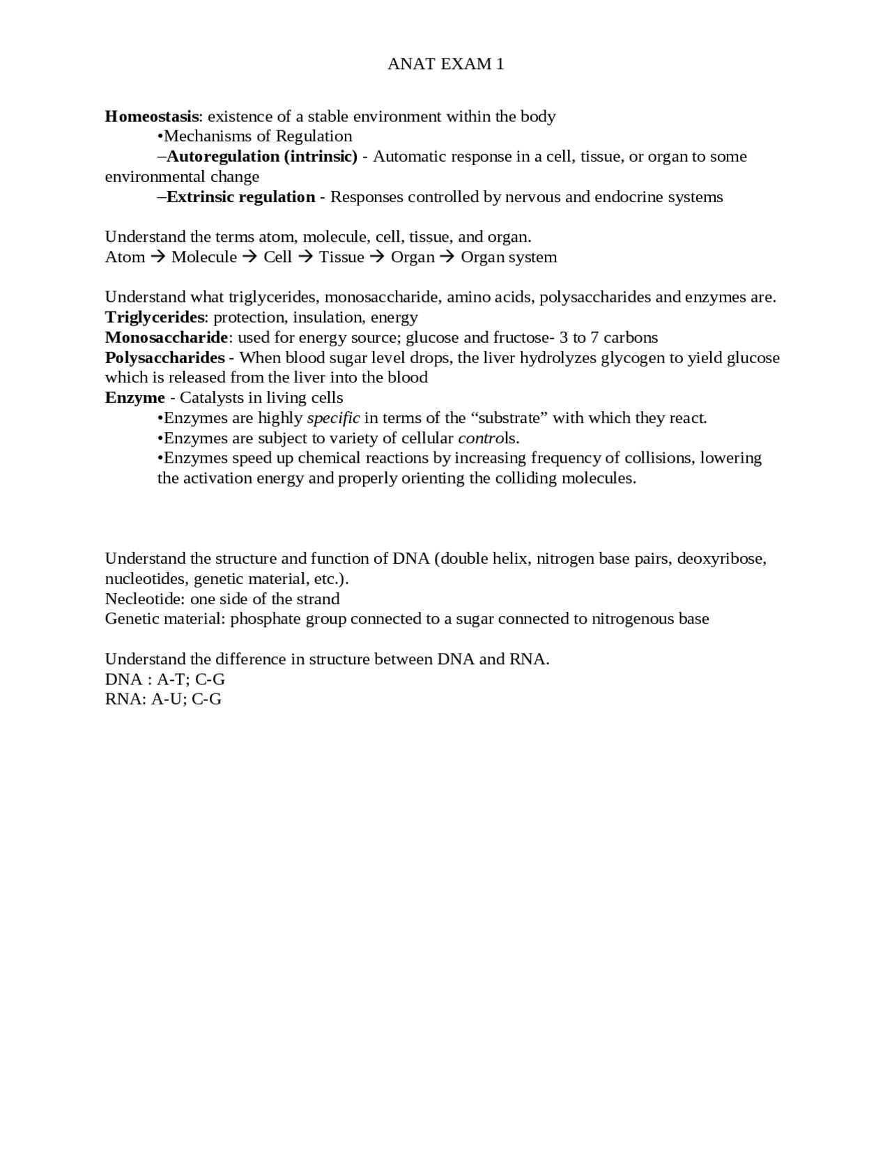 Study Guide for Exam 1 - Anatomy and Physiology I | ANAT 101 - Docsity