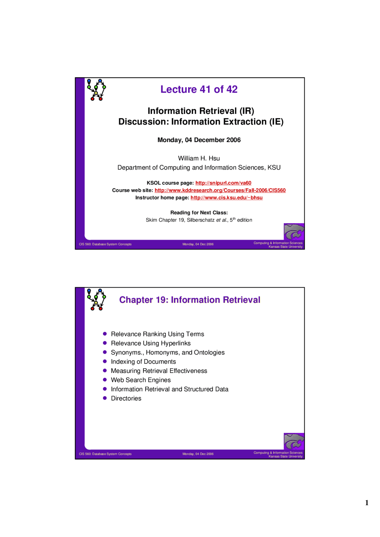 Information Retrieval-Database System Concepts-Lecture 36 Slides-Computer Science - Docsity
