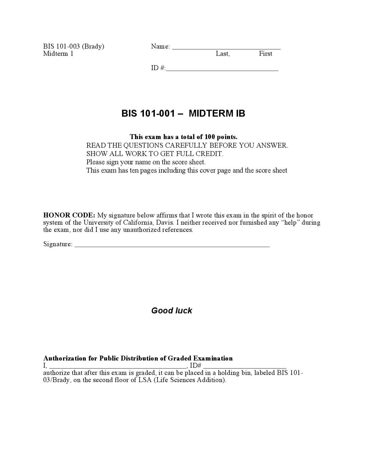 Midterm Ib Exam Solved For Genes And Gene Expression Bis 101 Docsity