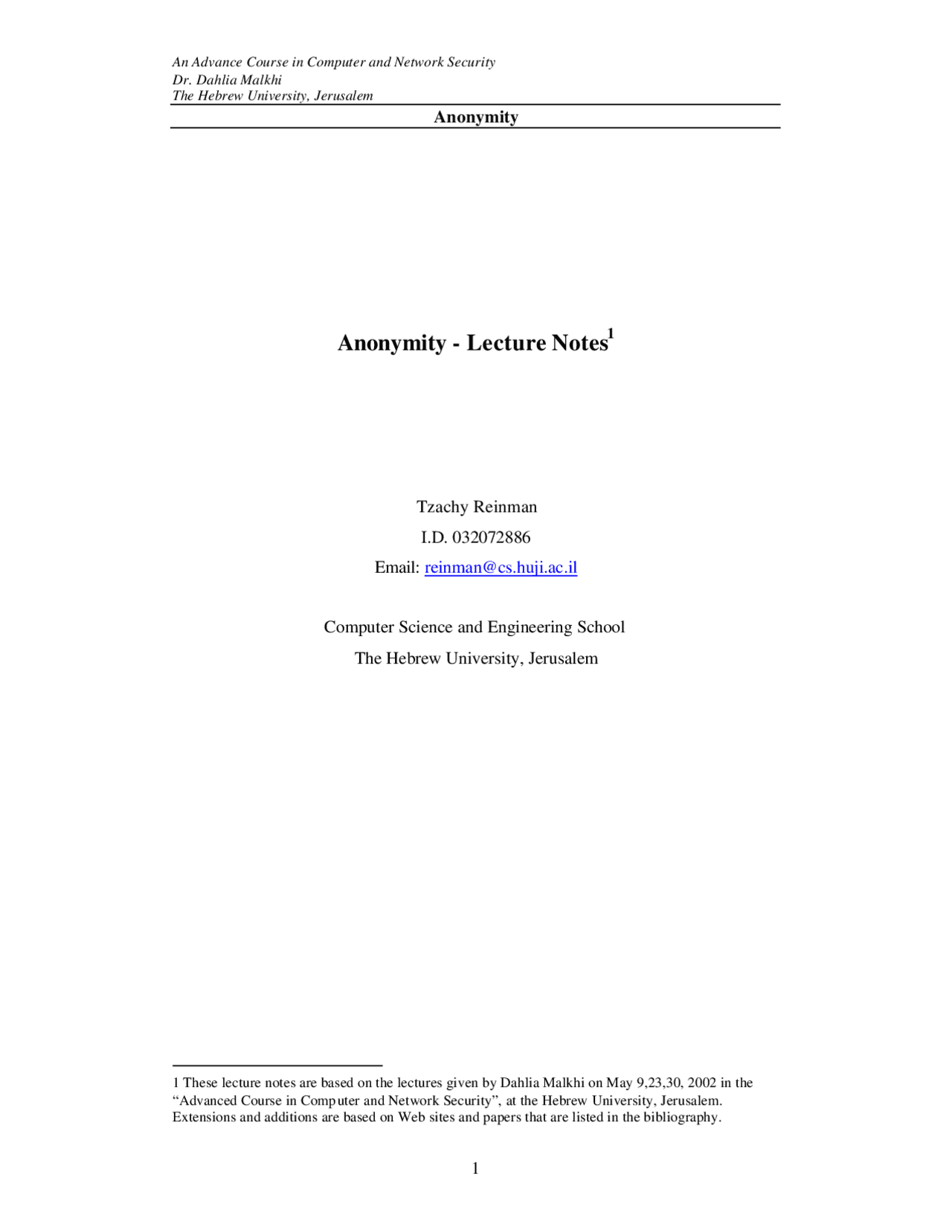 Anonymity Advance Computer And Network Security Lecture 01 Notes