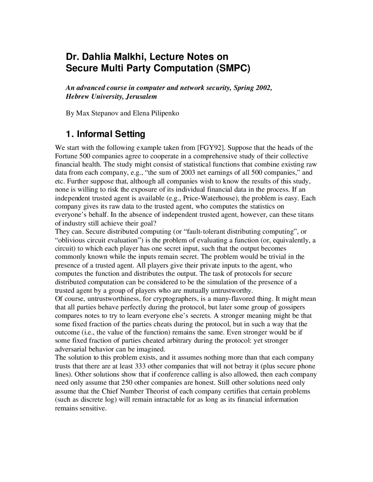 Secure Multi Party Computation Advance Computer And Network Security Lecture 04 Notes Computer