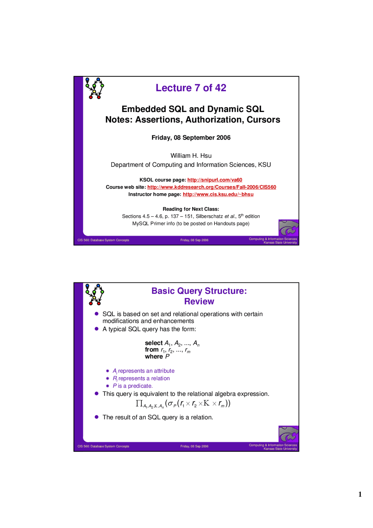 Embedded Sql And Dynamic Sql Database System Concepts Lecture 07 Slides