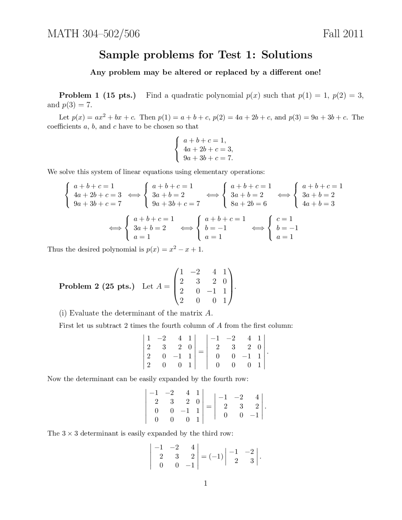 Solutions To Problems For Test 1 Linear Algebra Math 304 Docsity