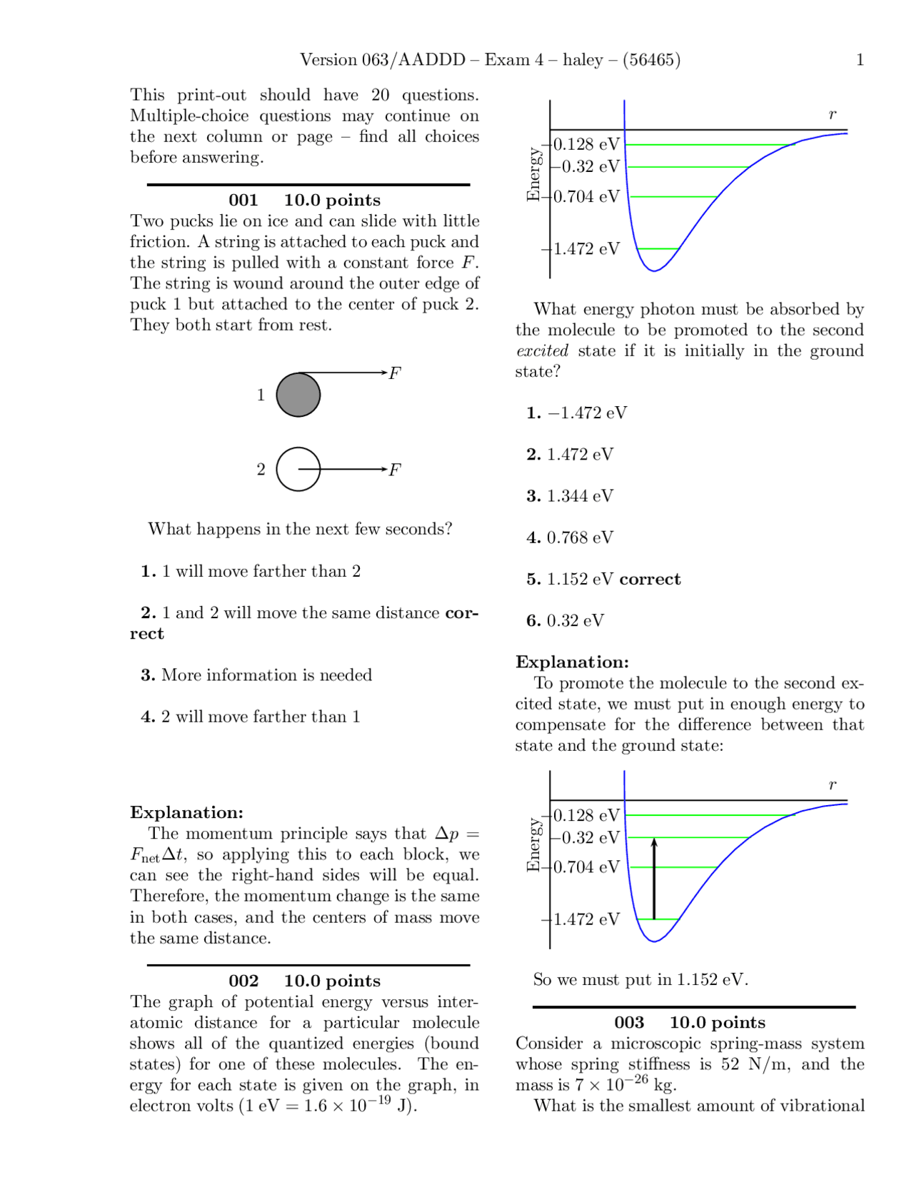 Exam 4 Solutions For Engineering Physics I Phy 303k Docsity