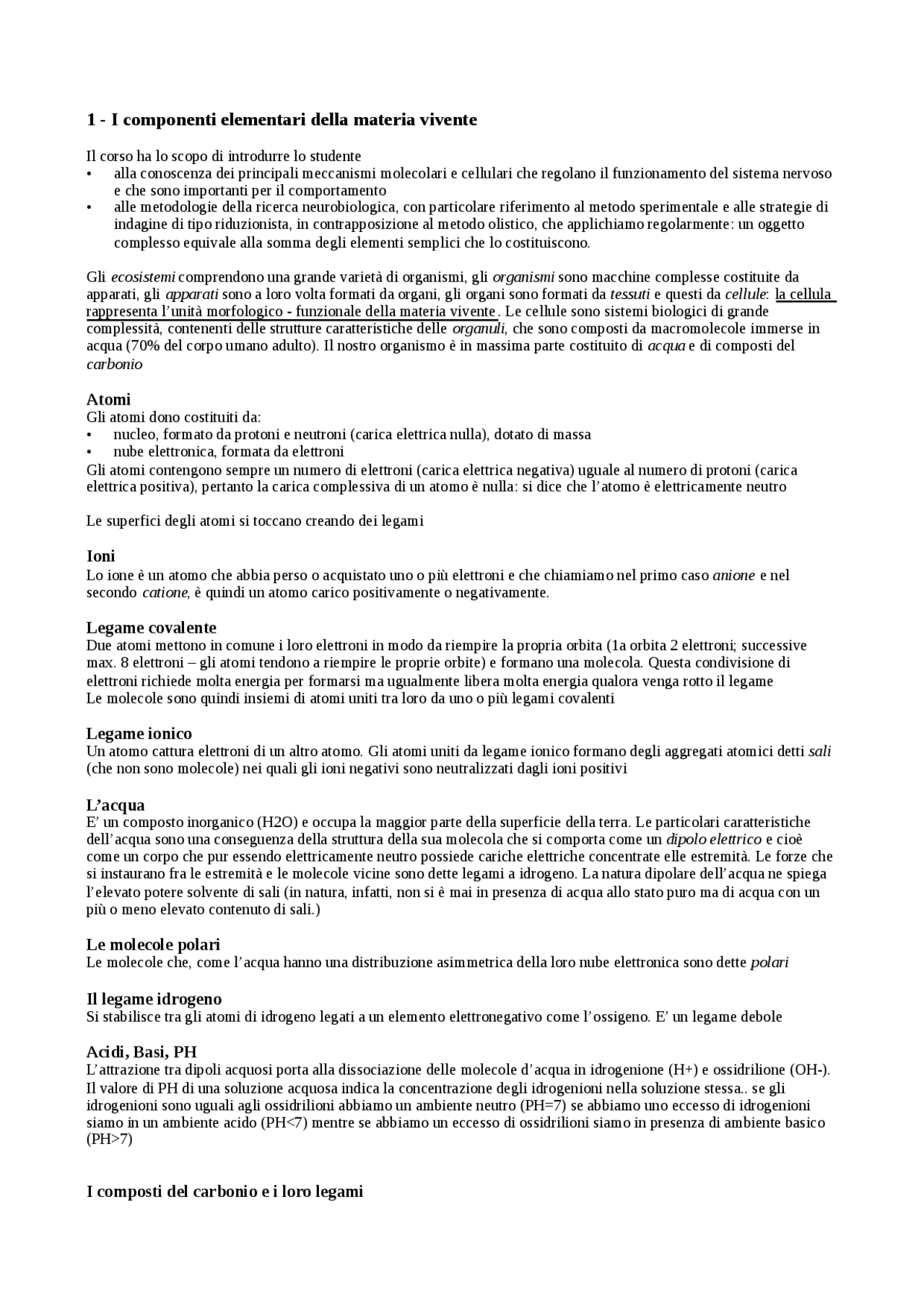 1 I Componenti Elementari Della Materia Vivente Docsity
