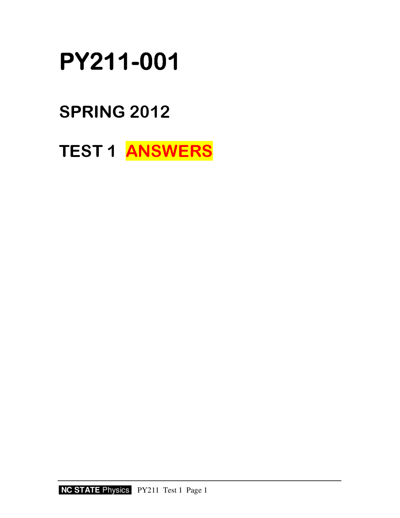 Test 1 With Answers For College Physics I Py 211 Docsity