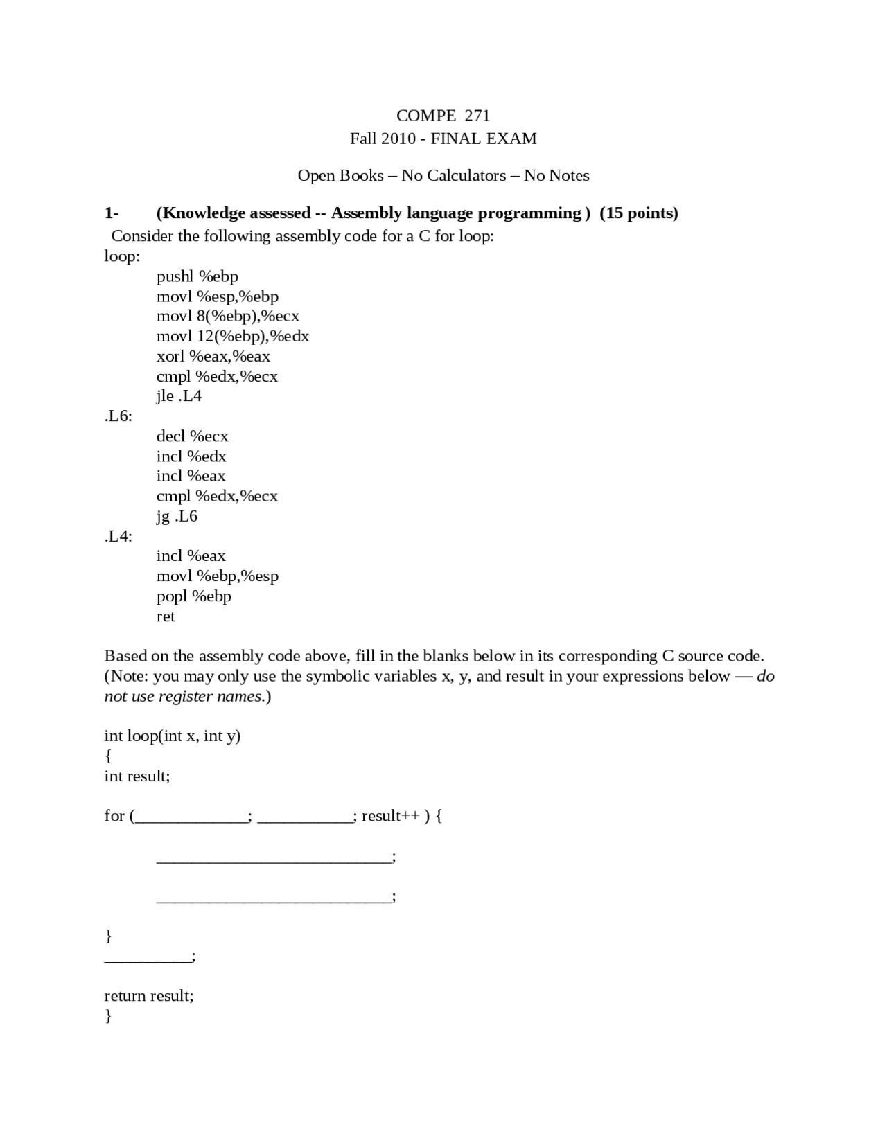 Practice Final Exam On Computer Organization Fall 2010 Compe 271